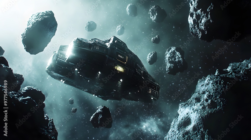 Asteroid and Spacecraft: A futuristic spacecraft navigating through a treacherous asteroid field ...
