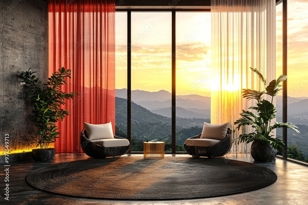 Animated interior of a modern living room with an orange armchair and ...