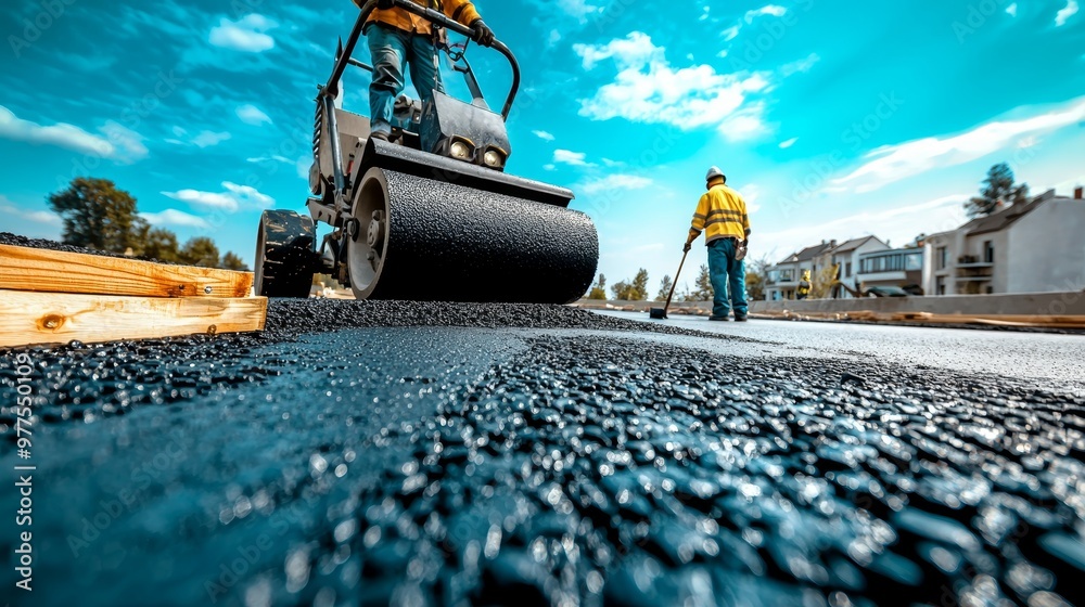 Teamwork in road construction, tarmac laying and leveling at a road ...