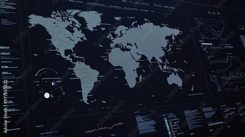 On a computer monitor, a world map is displayed with various data ...