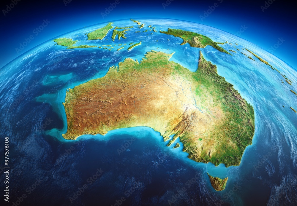 3D map of Australia with exaggerated topography and borders. Physical ...