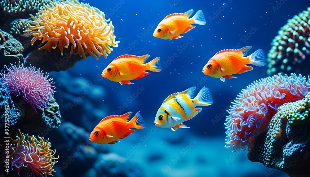 Lively tropical fish exploring a vibrant coral reef in a deep-blue ...