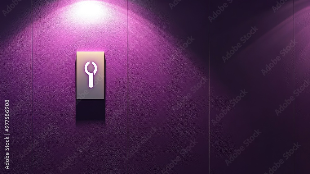 A classic womenas restroom sign in white on a deep purple background ...