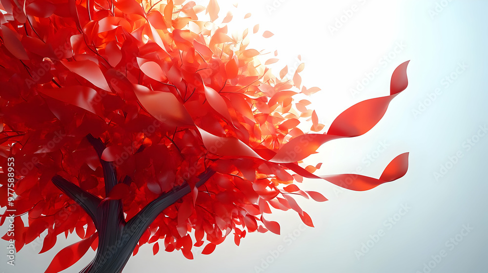 3D Red Ribbon Tree Concept - Digital Art of Tree with Red Ribbon Leaves ...