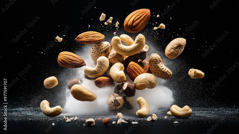 Dynamic image of various nuts including almonds, cashews, and hazelnuts ...
