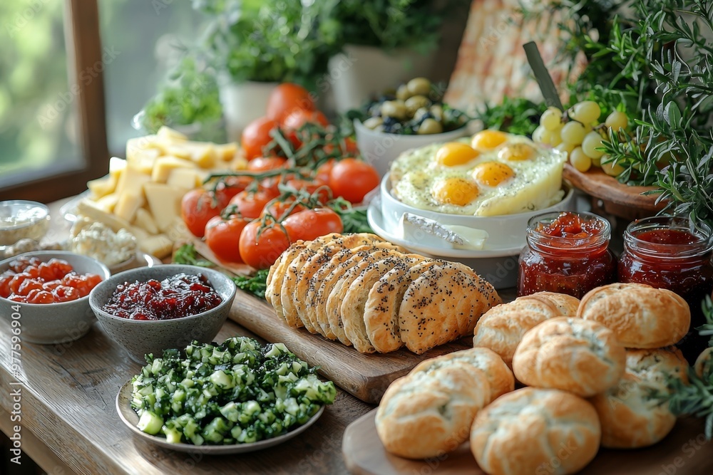 Brunch spread with a variet of dishes pastries. Village Breakfast with ...