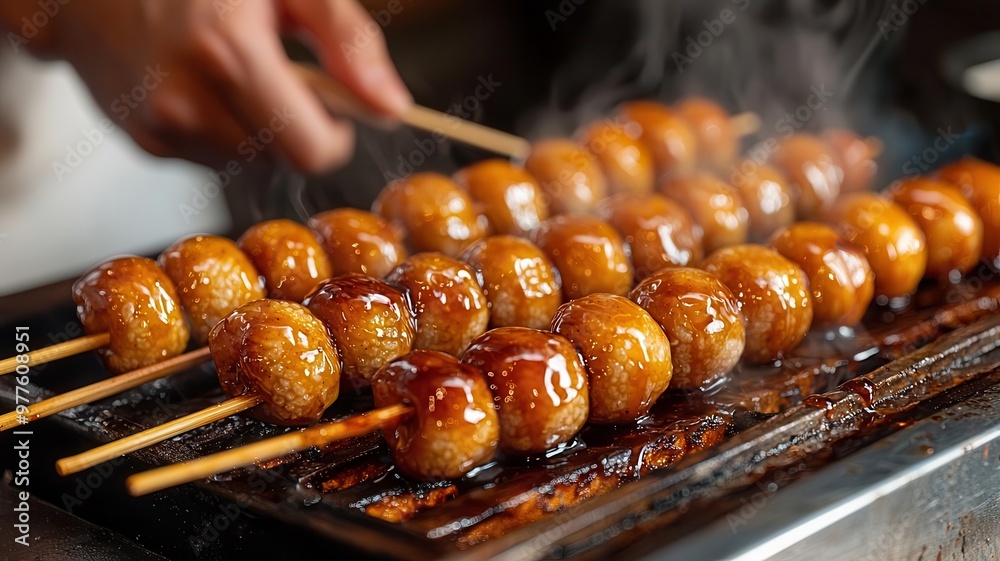Japanese chef preparing mitarashi dango, grilled mochi skewers glazed ...