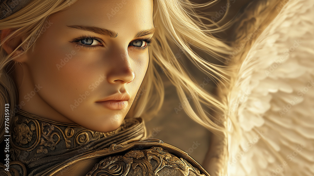 A powerful blonde Valkyrie with bright blue eyes, standing tall and ...