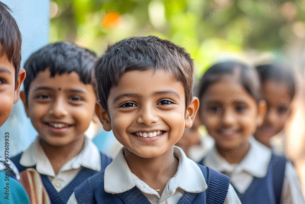A group of indian children wearing their school uniforms, standing ...