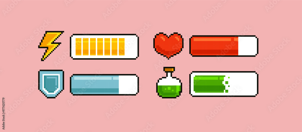 Retro pixel game loading progress bar pixel elements set with health ...