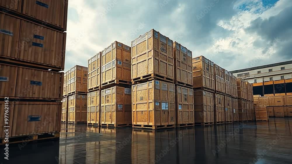 Huge wooden crates stacked in a storage facility. Large crates of ...