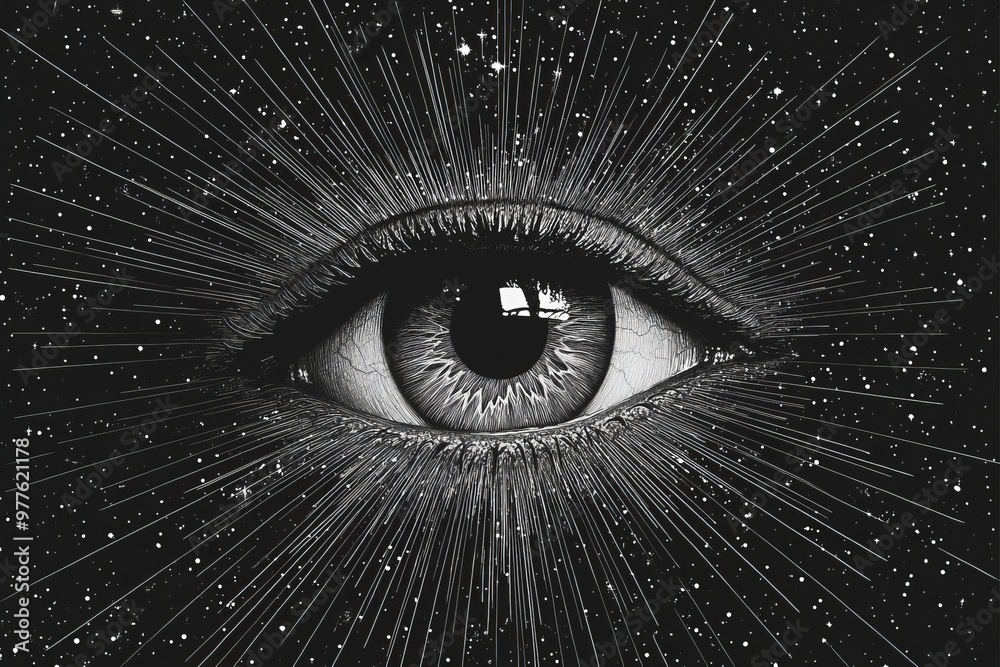 Cosmic eye with black and white star filled background symbolizing ...