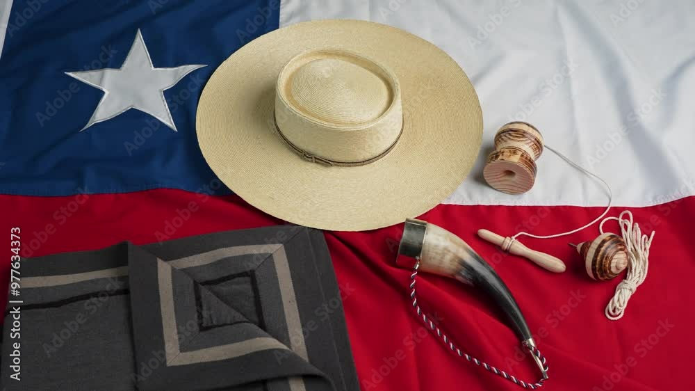 fondo chamanto de lana, chupalla y emboque sobre la bandera de Chile ...