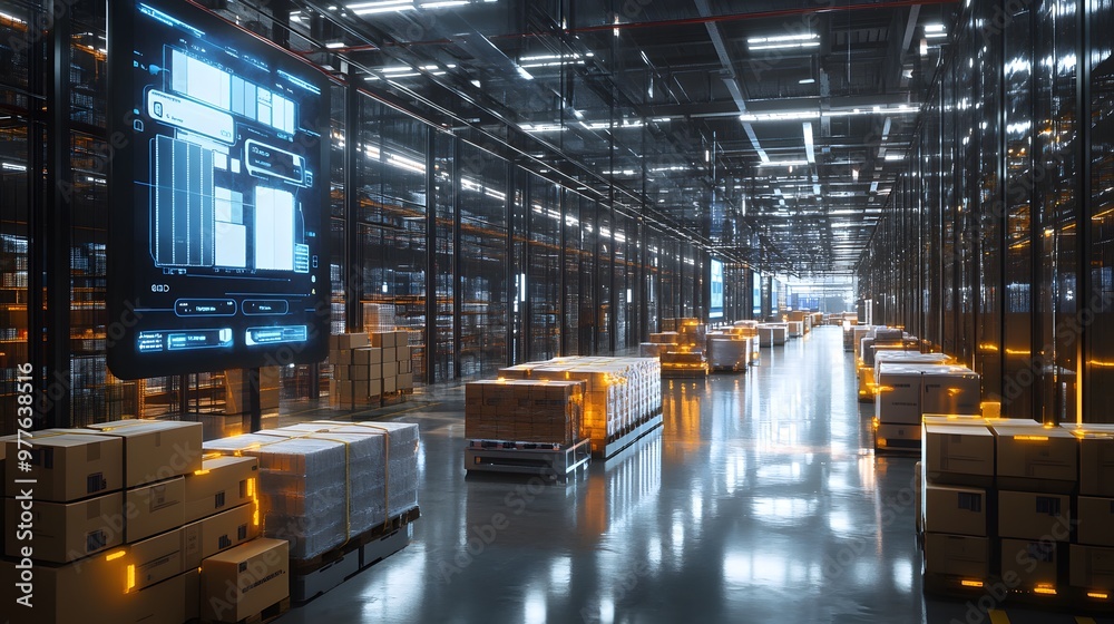 High-tech logistics center with AR screens and holographic displays ...