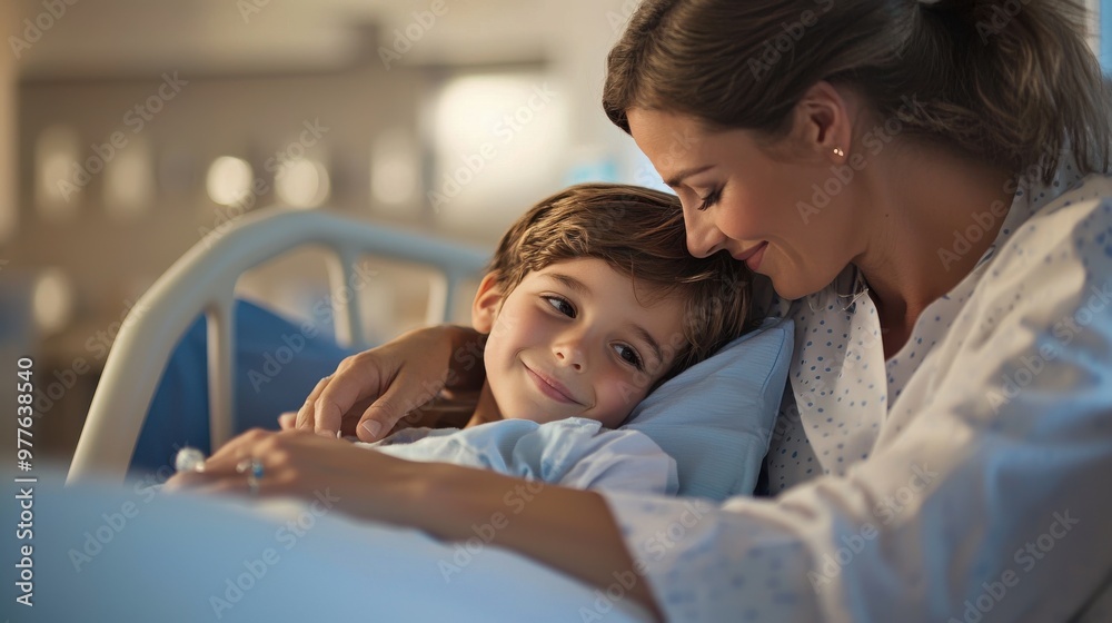 Parents comforting a recovering child in a brightly lit hospital room ...