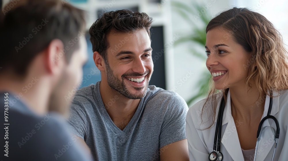 Parents discussing their child's health with a smiling doctor in a ...