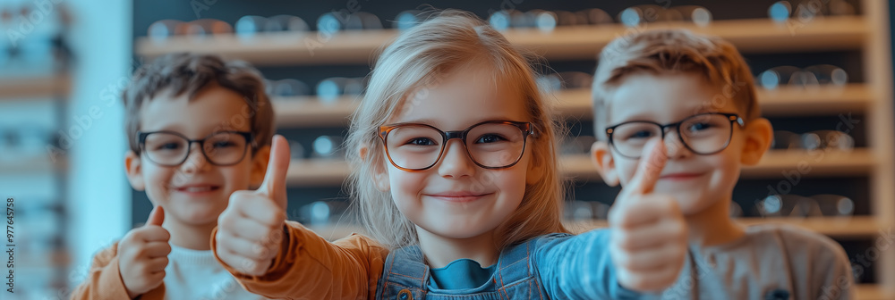 Happy children in eyeglasses shop, trying on different types of ...