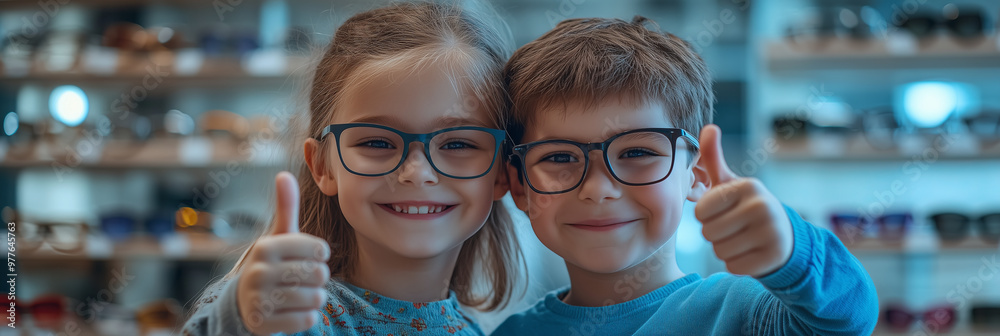 Happy children in eyeglasses shop, trying on different types of ...