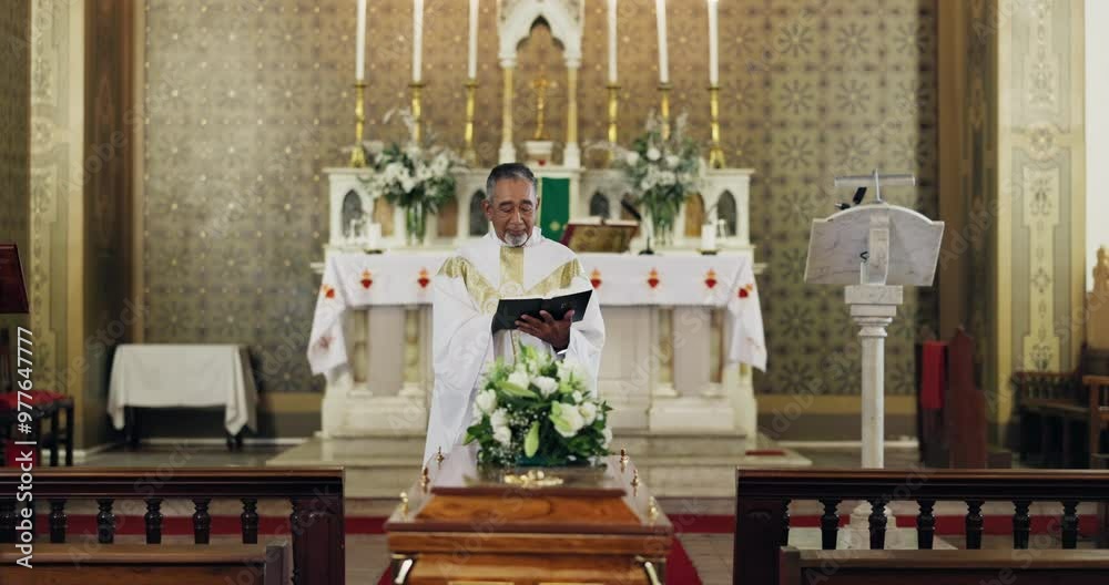 Funeral, bible and priest in church for religion, spiritual and worship ...