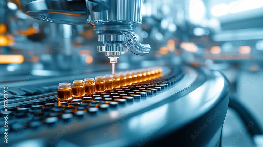 A detailed shot of the pharmaceutical production process, with liquid ...