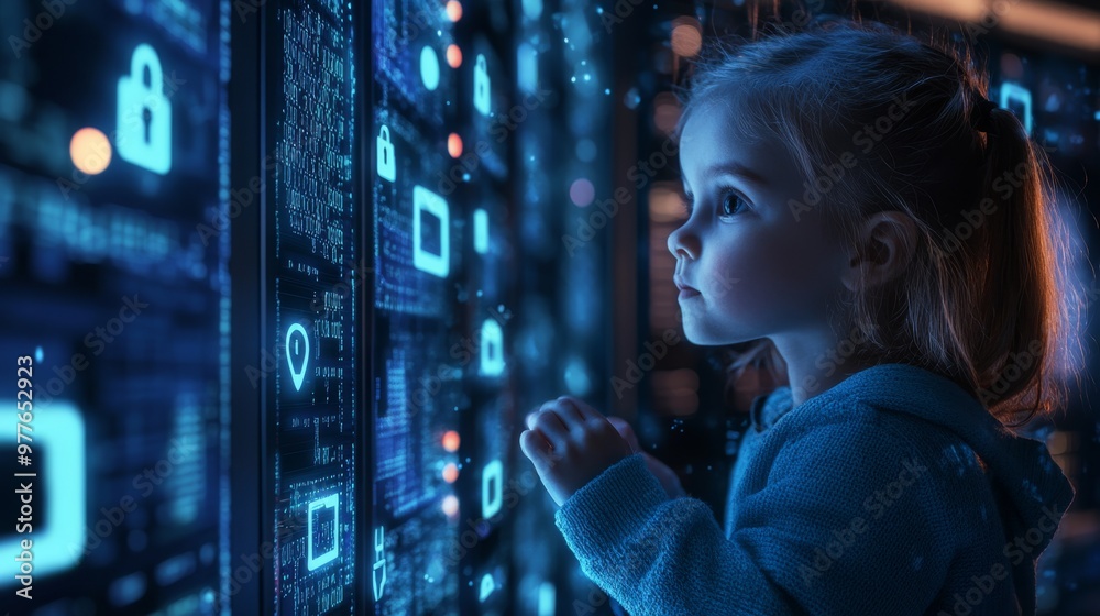 Portrait of child defending against cyber threats, standing by a server ...