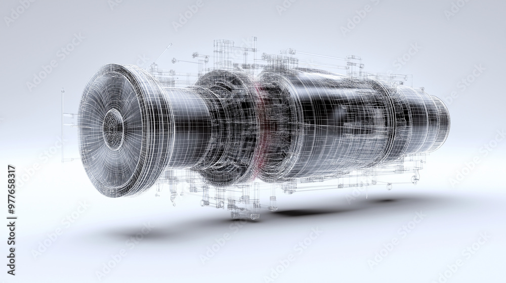An orthographic view of a jet engine in wireframe, with outer casing ...