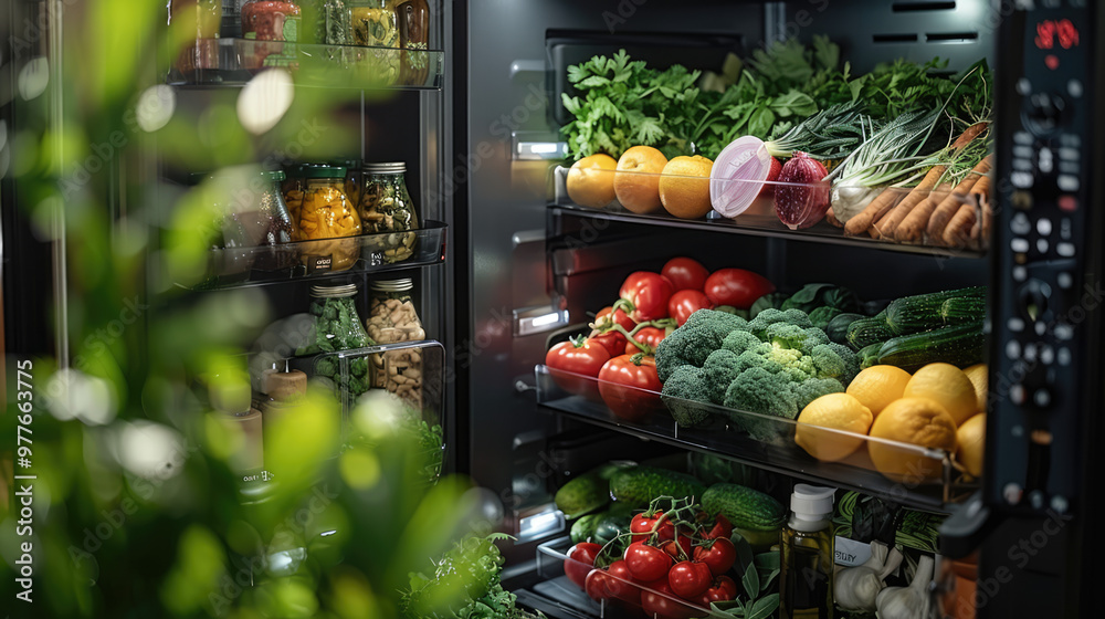 A family using a smart refrigerator with a touchscreen interface ...