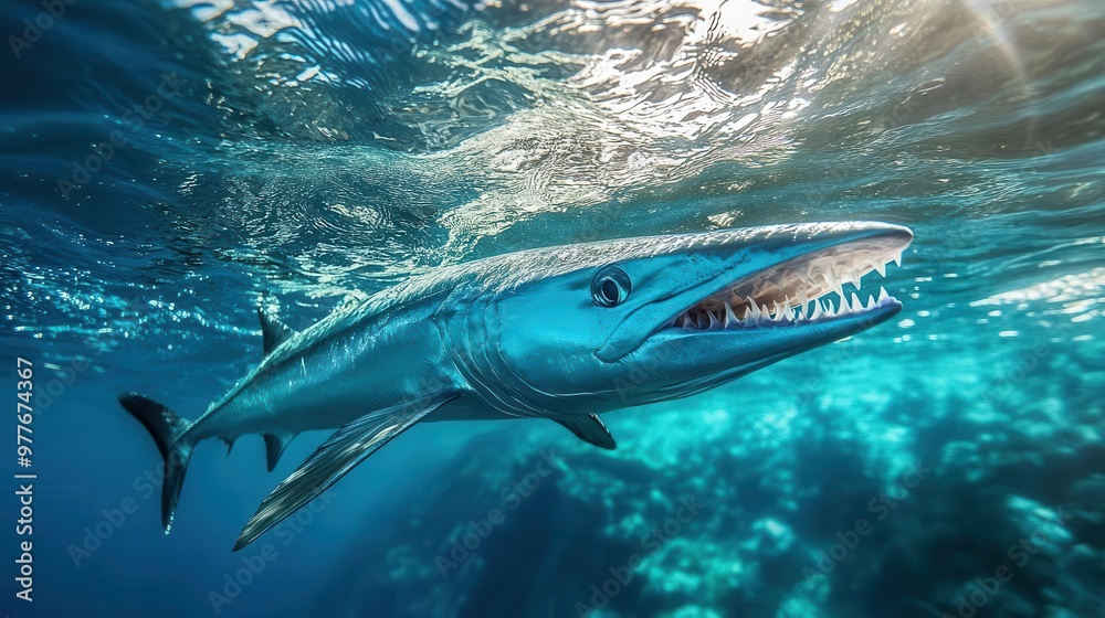 Barracuda speeding through the water, its sharp teeth visible, sleek ...