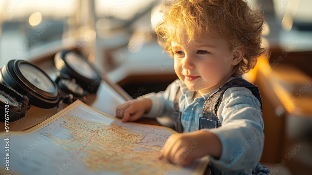 Child posing as a captain on a luxury yacht, charting a course on a map ...