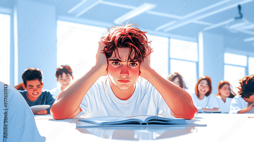 illustration of stressed student among happy classmate in classroom ...