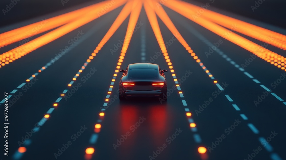 A sleek car driving on a modern highway at night, illuminated by ...