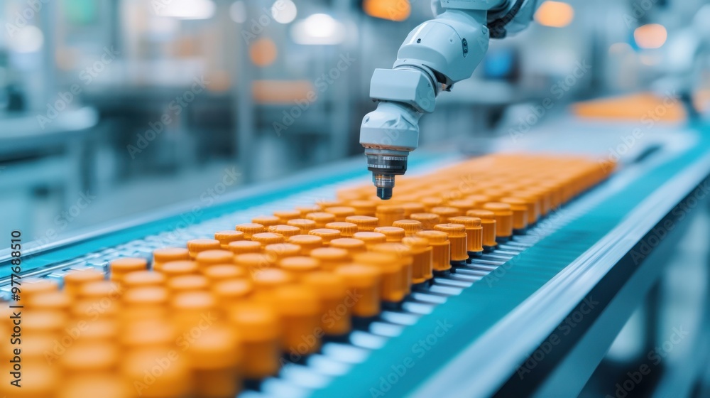 Robotic arm inspecting a product on a factory conveyor belt, automated ...