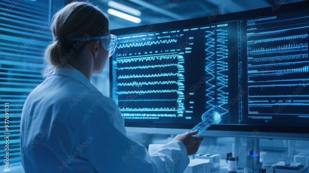 Scientist in a high-tech biotech lab analyzing DNA sequences on a ...