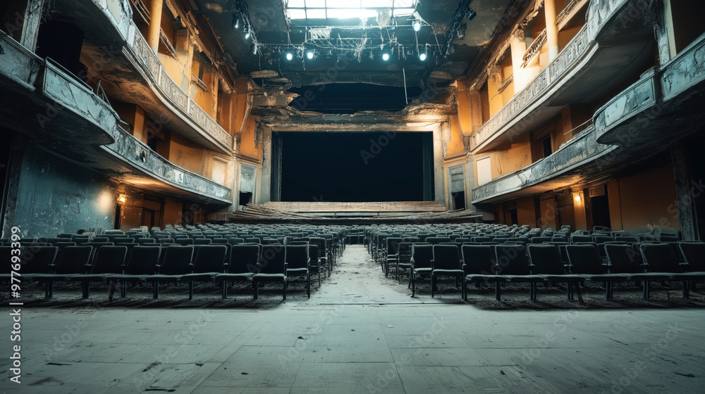 Interior of an abandoned theater with empty rows of seating and ...