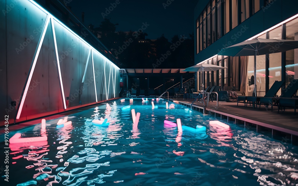 Generative-AI, Neon Night Pool Party with Glowing Lights and Vibrant ...