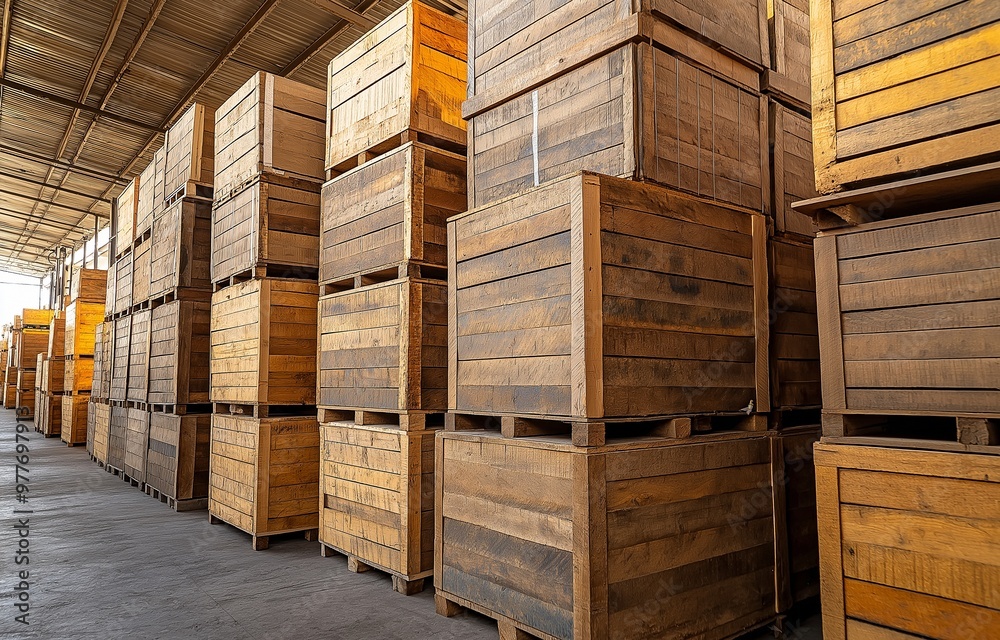 Huge wooden crates piled high in a storage room. Large cartons of ...