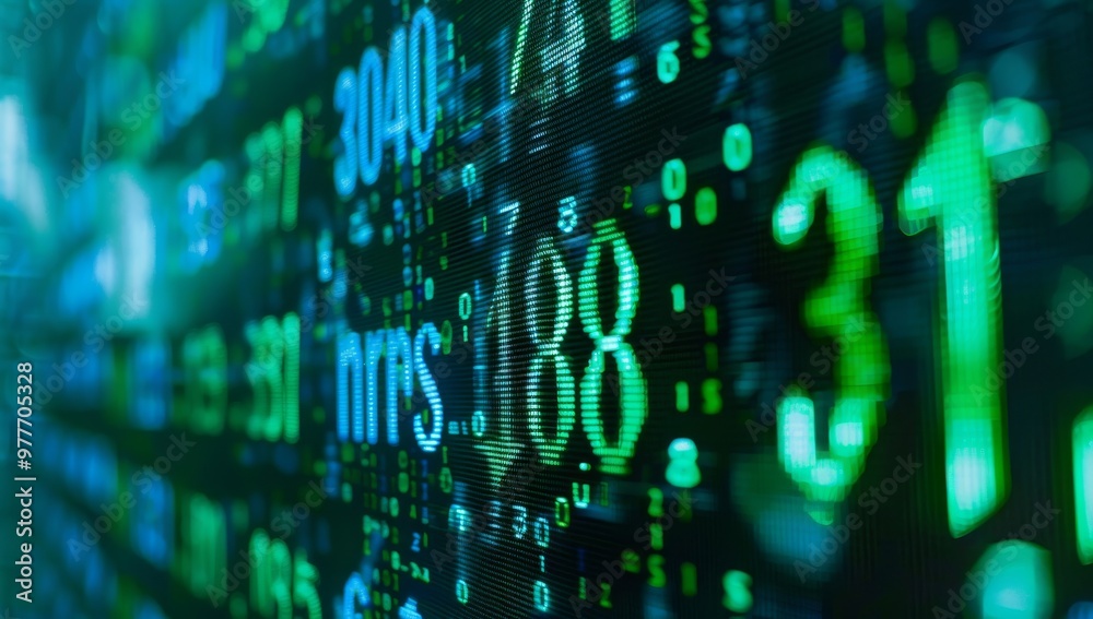 text " market signs" on stock exchange digital screen, numbers and ...