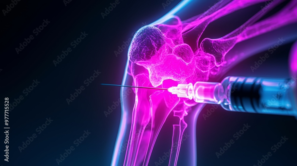 A syringe injecting a glowing liquid into a knee joint, with a visual ...