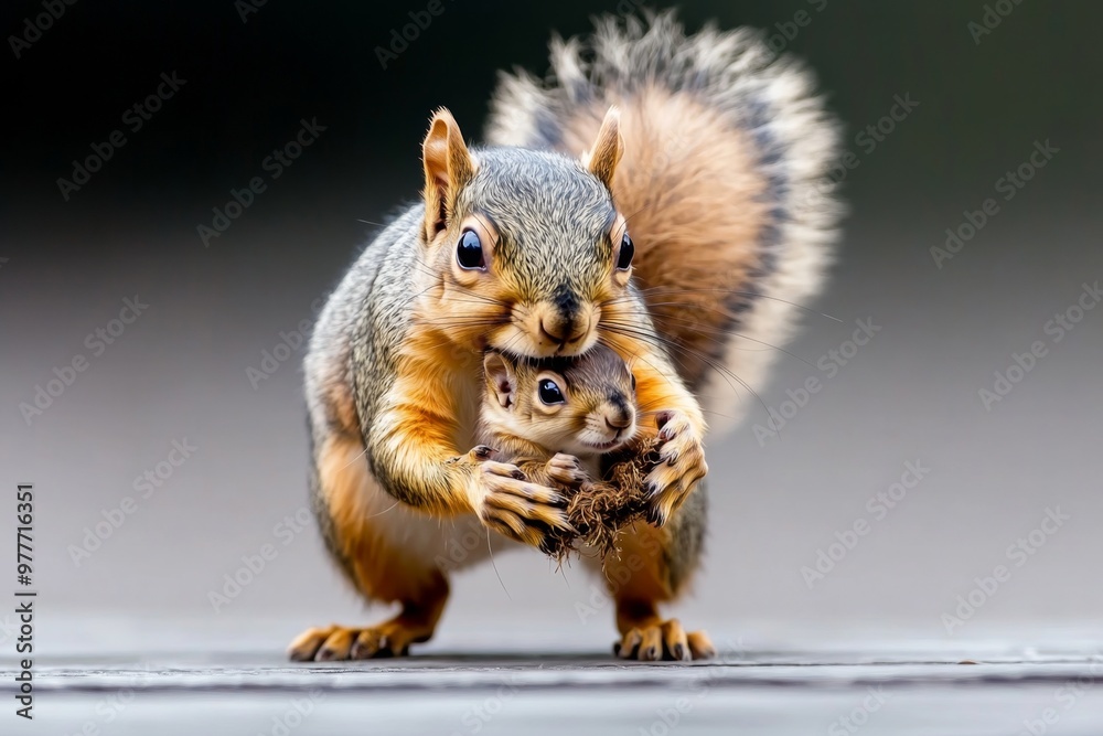 Squirrel mother carrying a baby squirrel in her mouth, relocating it to ...