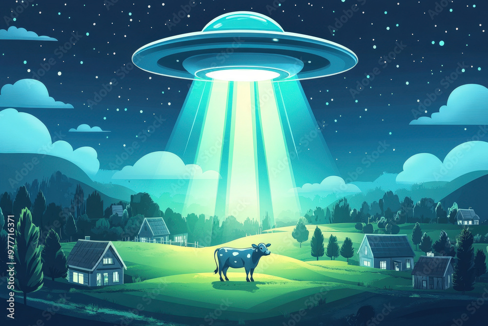 Cartoon illustration of an alien spaceship hovering over a farm with a ...