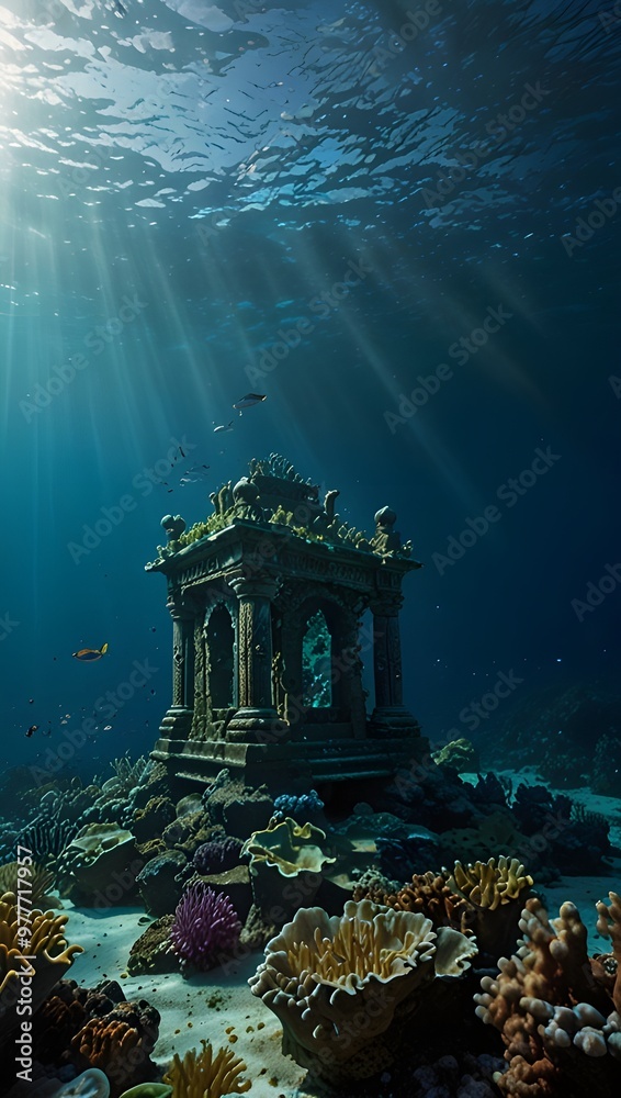 An ancient, ornate temple lies at the ocean's bottom, surrounded by ...