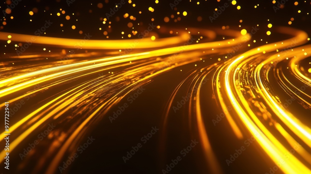 Yellow light streaks and particle dispersion with neon glows on a dark ...