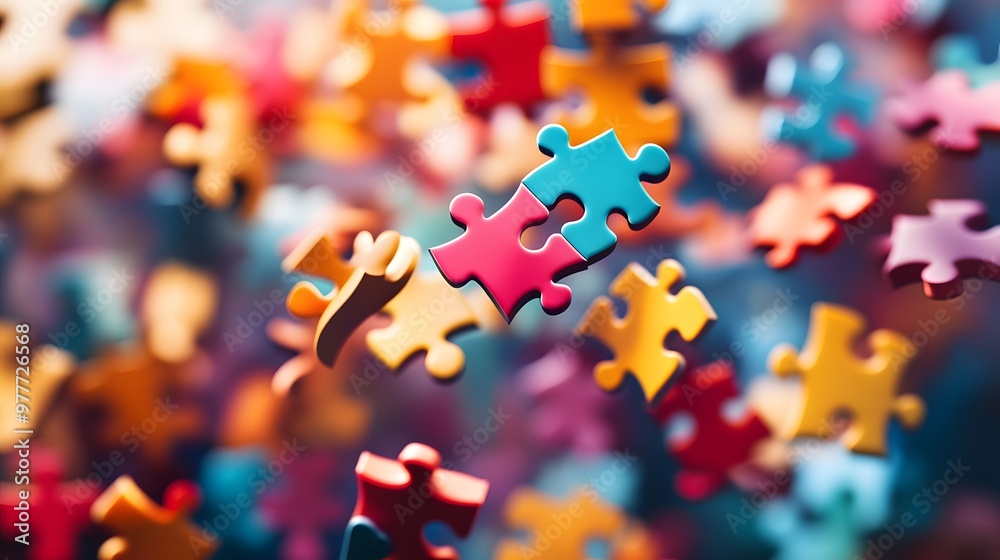 Floating Puzzle Pieces: Colorful puzzle pieces floating in mid-air ...
