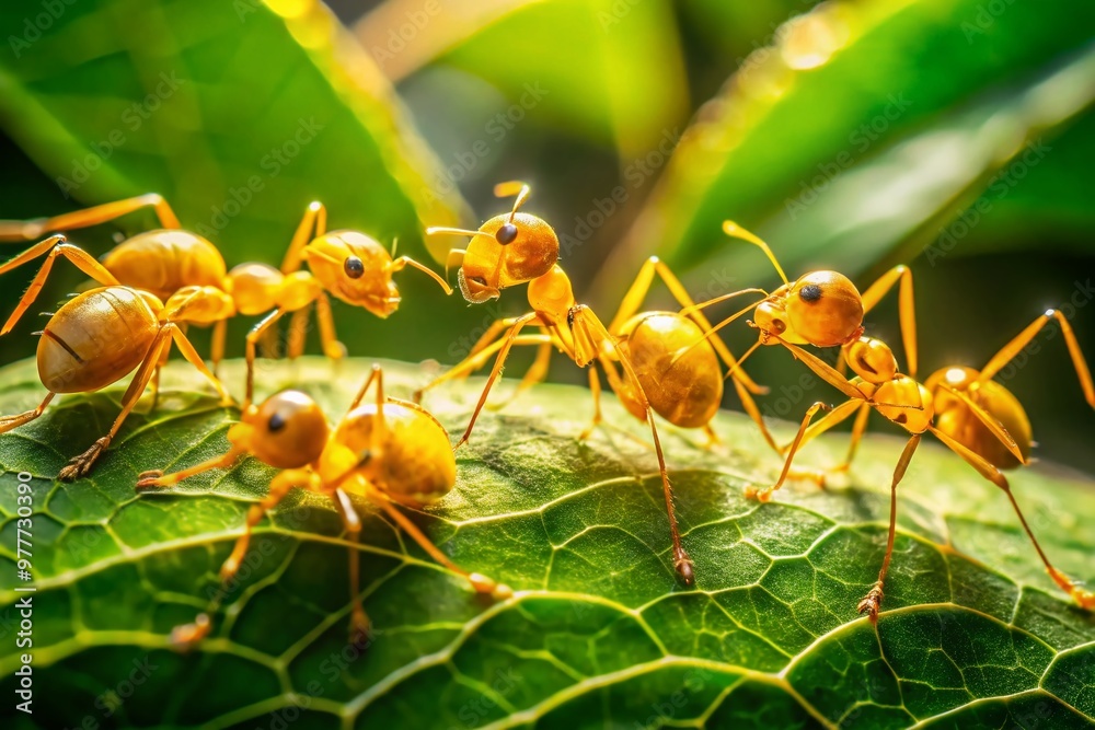 Vibrant yellow ants scurry across a bright green leaf, their shiny ...