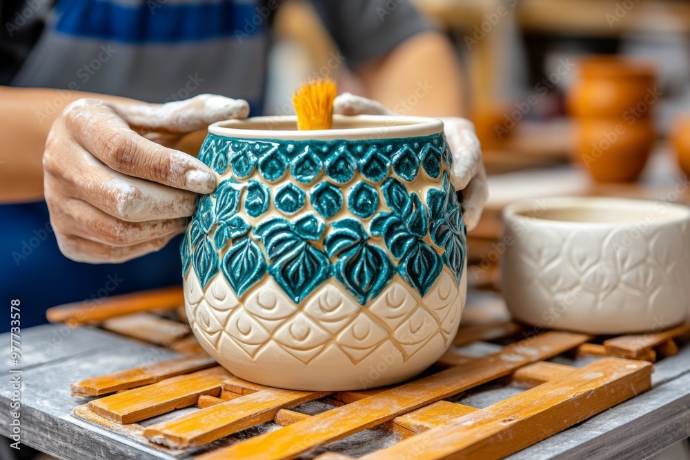 Authentic handmade art is crafted by a skilled artisan shaping pottery ...