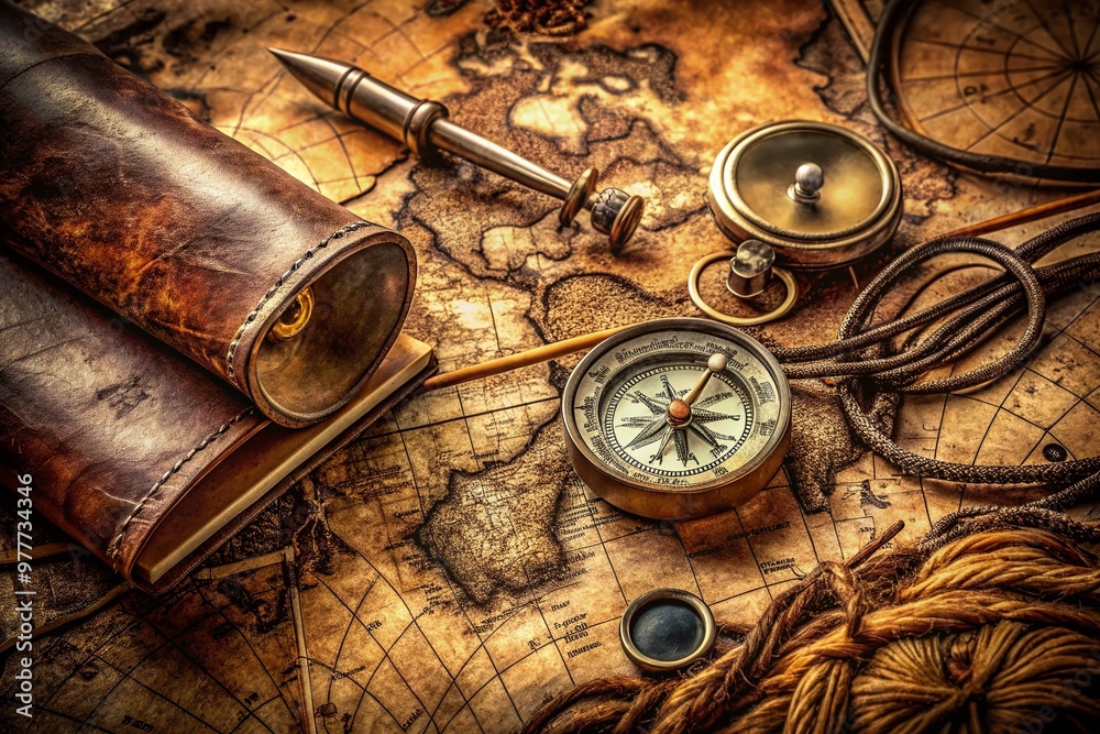 Vintage-style navigation tools laid out on a distressed, creased map ...