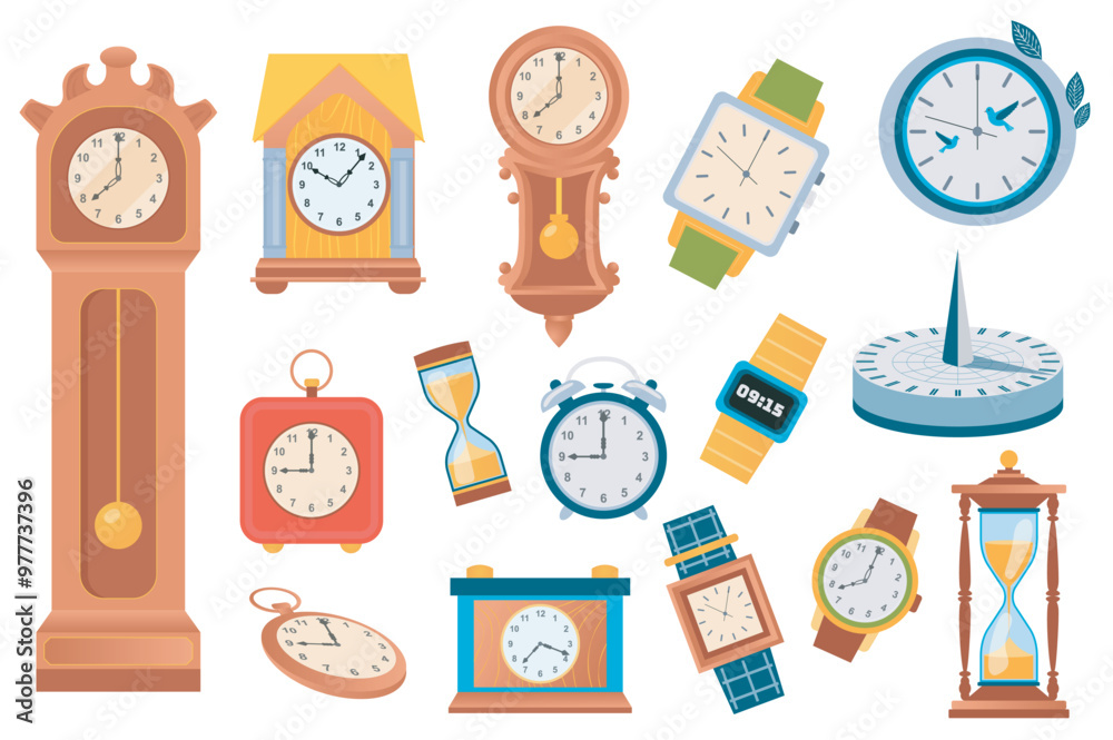 Mechanical and electronic clocks set elements in flat graphic design ...
