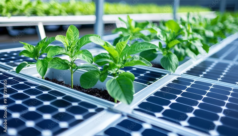 Solar panels integrated into a rooftop garden, with green plants ...