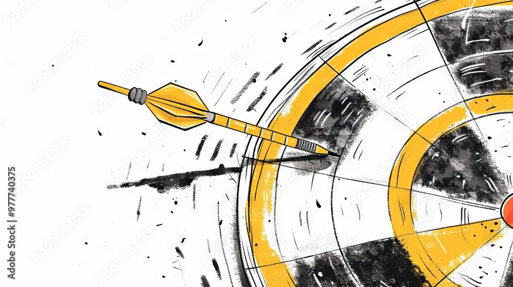 Striped dart target, one dart in the center of the target, hand-drawn ...