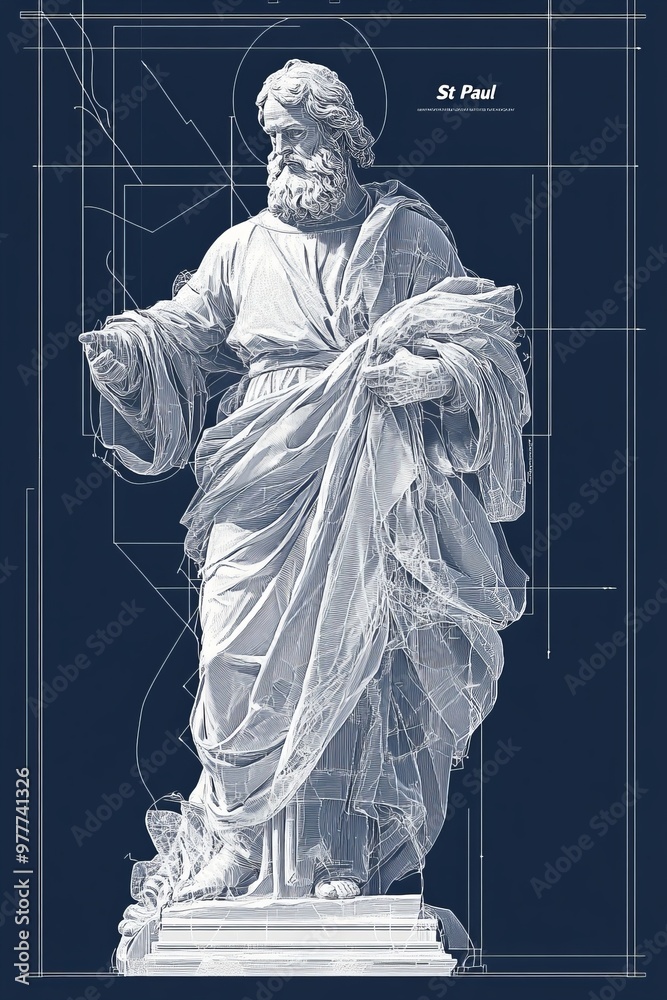 White marble statue of Saint Paul is holding his holy grail, a ...